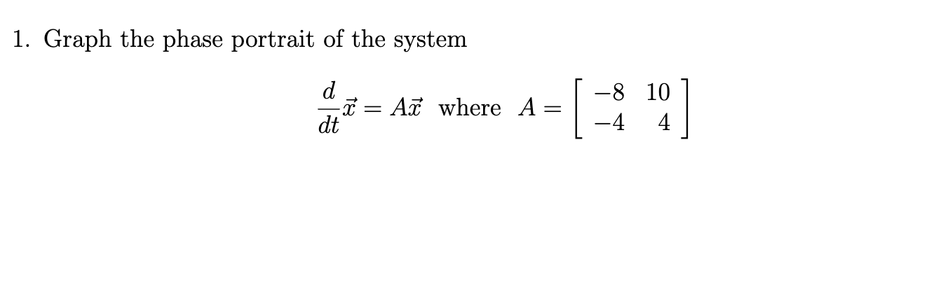Solved 1. Graph the phase portrait of the system d T = Aš | Chegg.com
