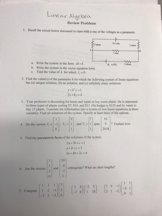 Solved Linear Algebra Review Problems 1. Recall the circuit | Chegg.com