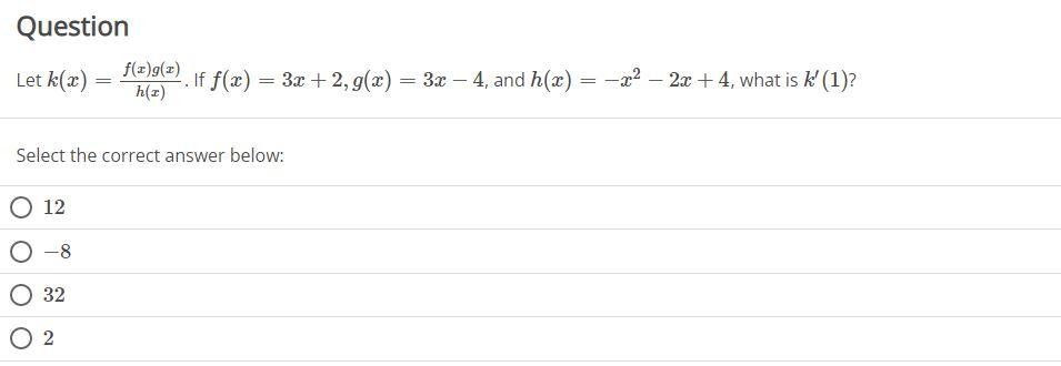 Solved Let k(x)=h(x)f(x)g(x). If f(x)=3x+2,g(x)=3x−4, and | Chegg.com