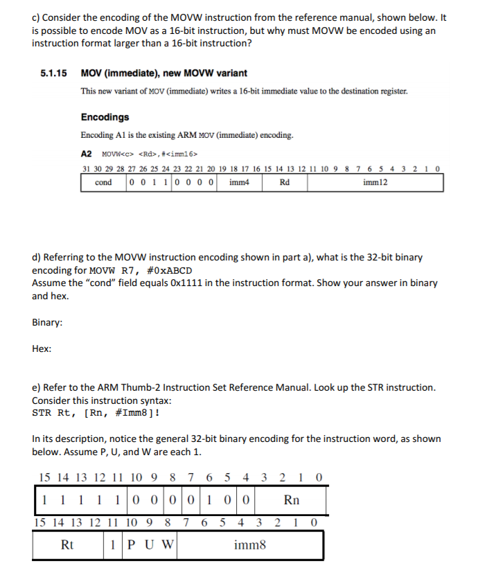 Solved c) Consider the encoding of the MOVW instruction | Chegg.com
