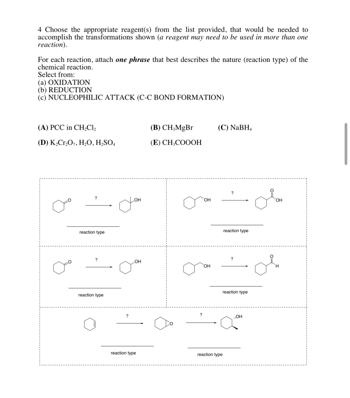 Solved 4 Choose the appropriate reagent(s) from the list | Chegg.com