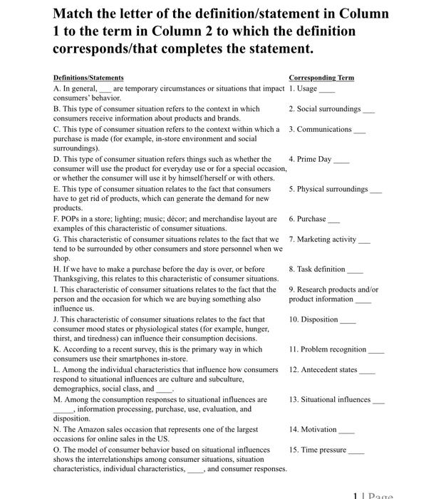  Solved Match Letter Definition Statement Column 1 Term Column 2