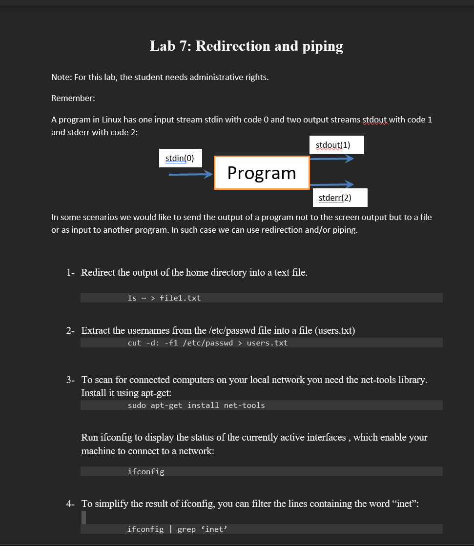 Solved Lab 7: Redirection and piping Note: For this lab, the | Chegg.com