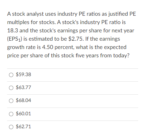 Solved A stock analyst uses industry PE ratios as justified | Chegg.com