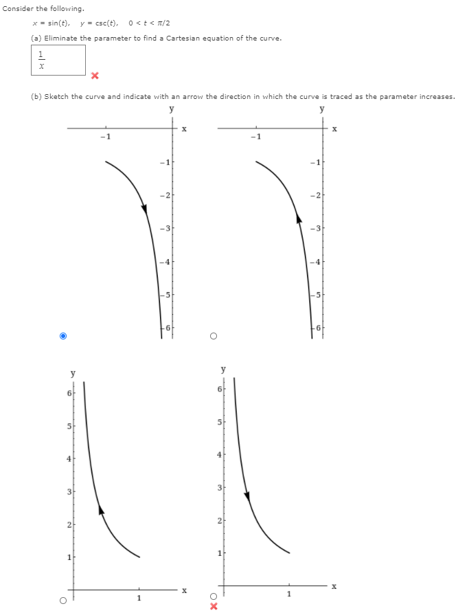 Solved Consider the following. x = sin(t), y = csc(t), 0 | Chegg.com