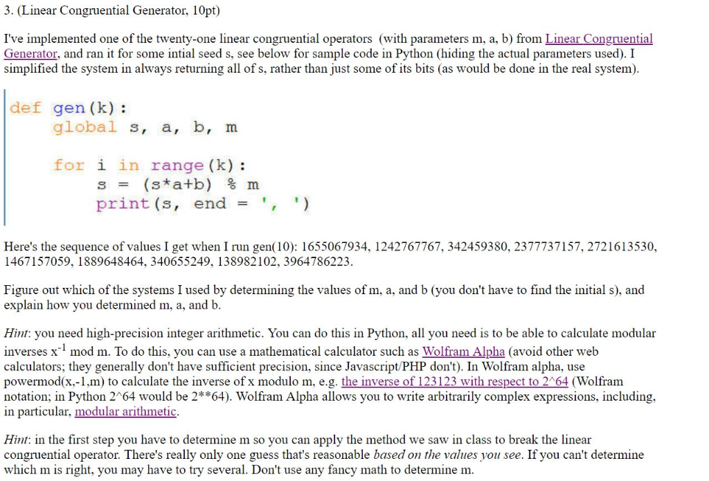3. (Linear Congruential Generator, 10pt) I've | Chegg.com