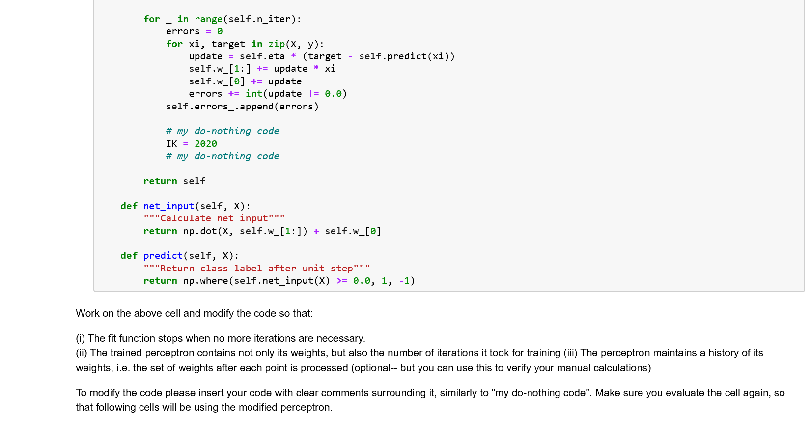 Question 1. Perceptron Code Modification The | Chegg.com