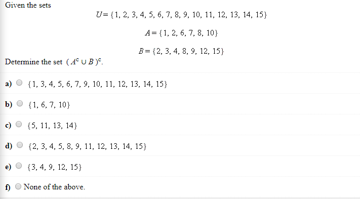 Solved Given the sets U (1, 2, 3, 4, 5, 6, 7, 8, 9, 10, 11, | Chegg.com
