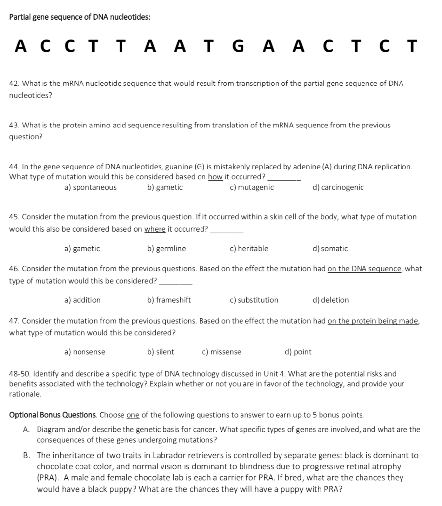 Solved Partial gene sequence of DNA nucleotides: АсстТА ATG | Chegg.com