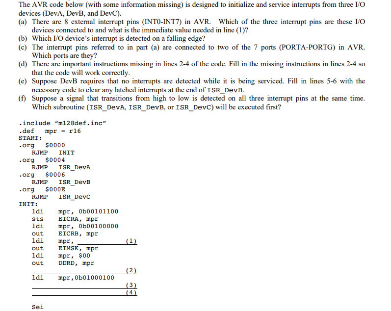Solved The AVR code below (with some information missing) is | Chegg.com