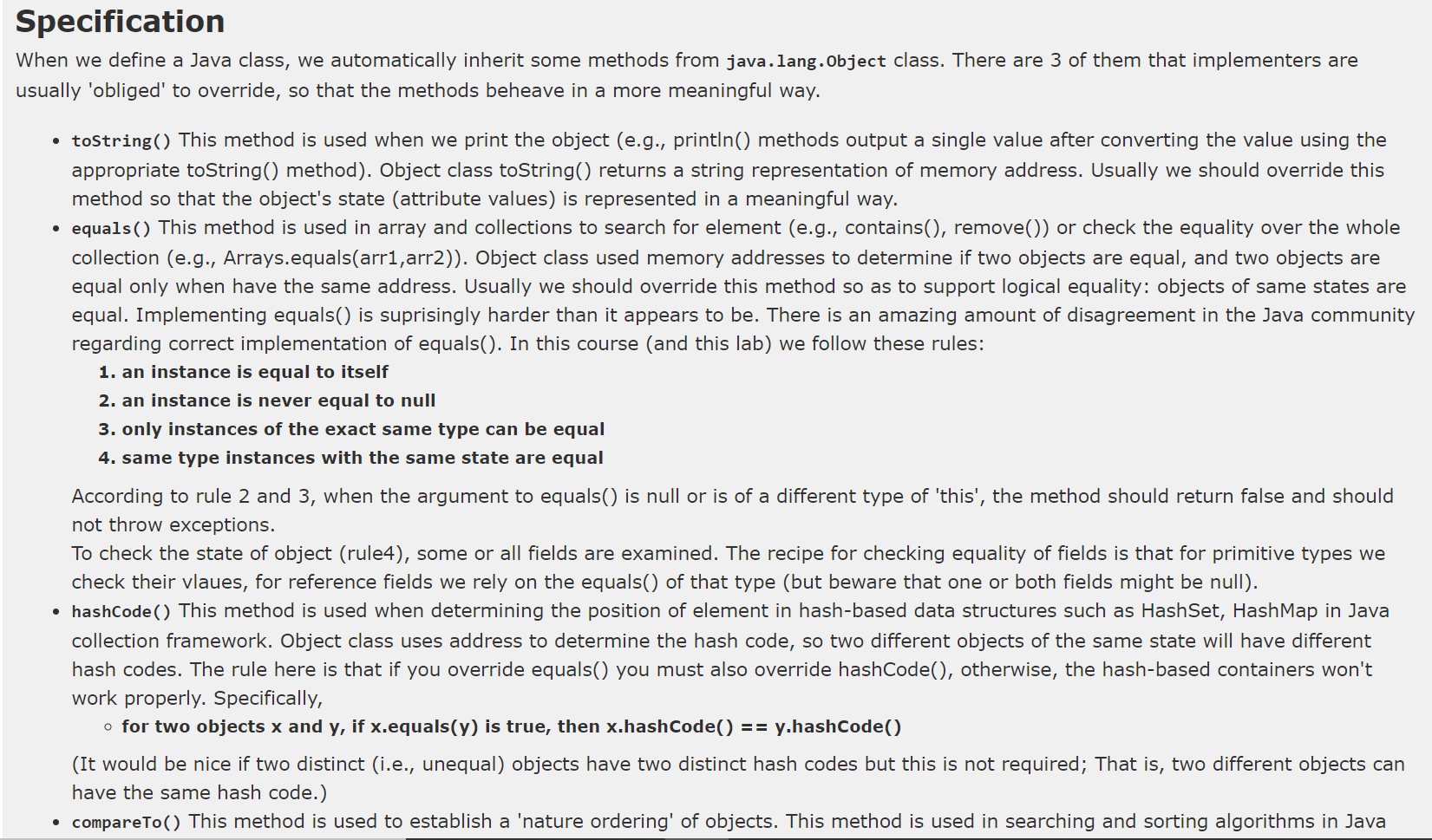 Specification When we define a Java class, we | Chegg.com