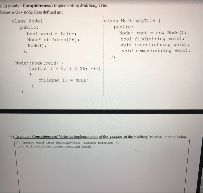 Solved . (4 points-Completeness) Implementing Multiway Trie | Chegg.com
