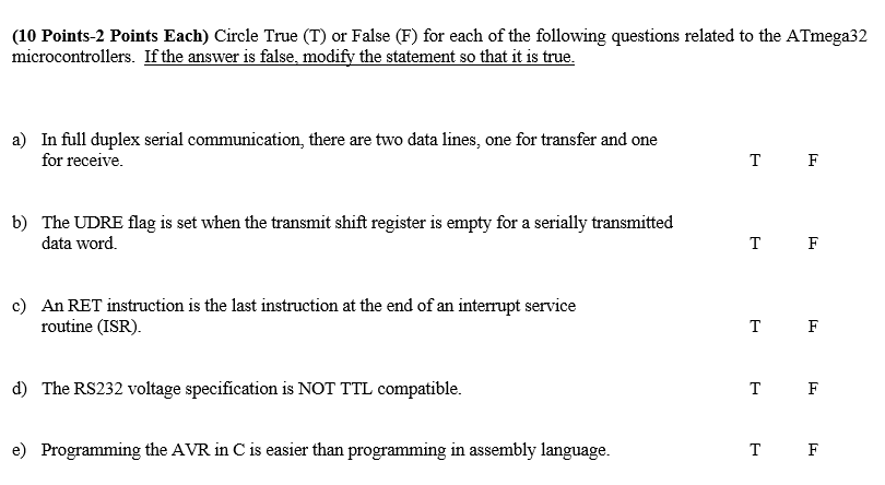 Solved (10 Points-2 Points Each) Circle True (T) or False | Chegg.com