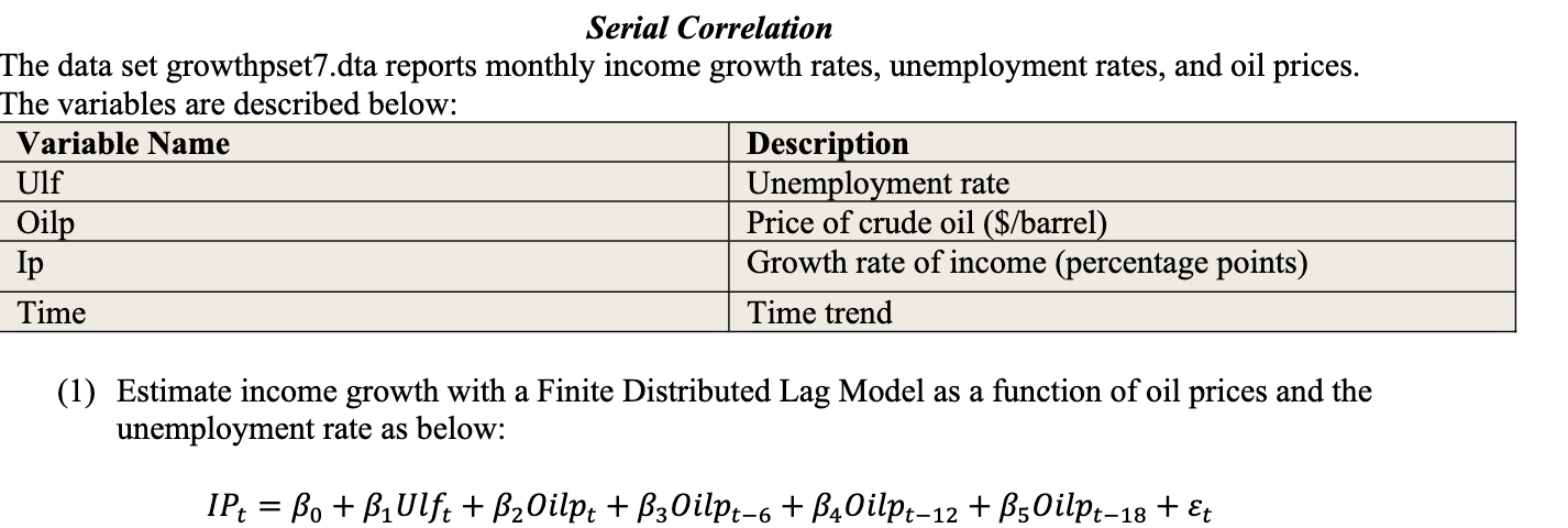 Solved Serial Correlation data set growthpset7.dta reports | Chegg.com