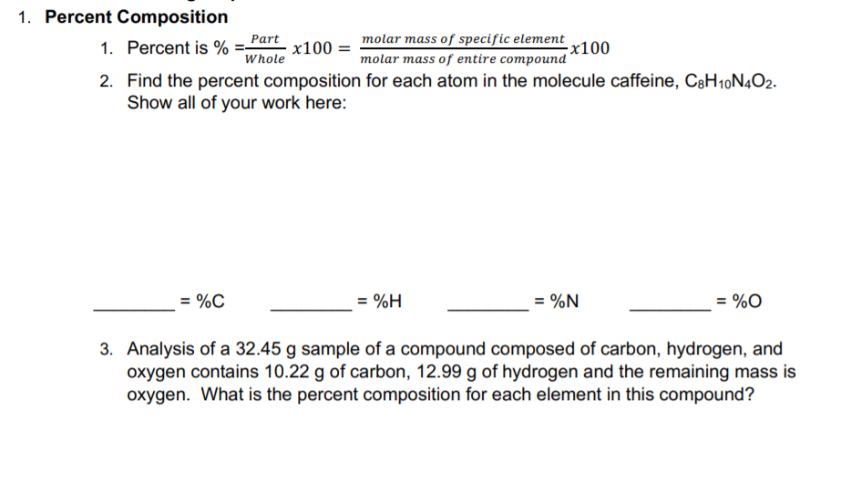 Solved 1. Percent Composition Part molar mass of specific | Chegg.com
