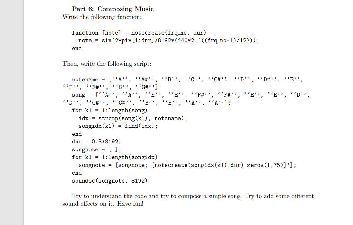 MATLAB: Composing MusicWrite the following | Chegg.com
