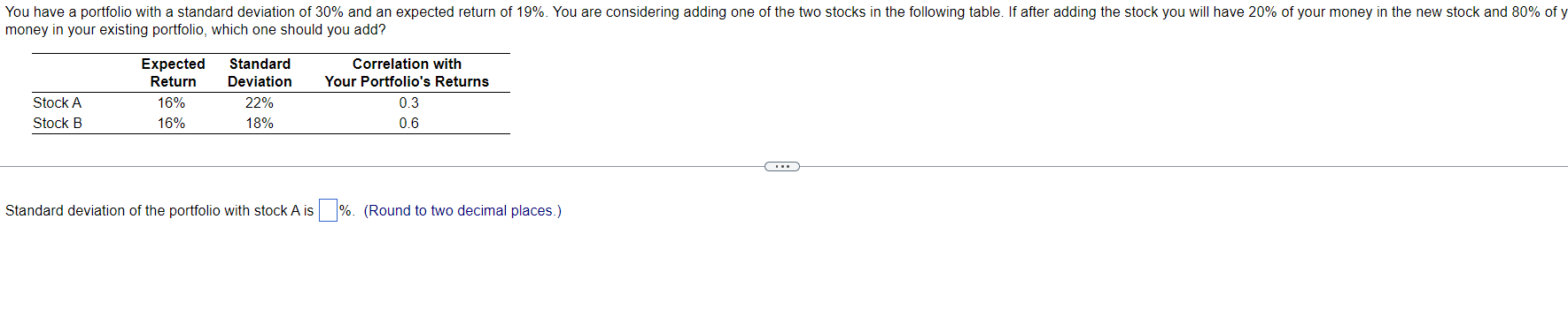 Solved Standard deviation of the portfolio with stock A is | Chegg.com