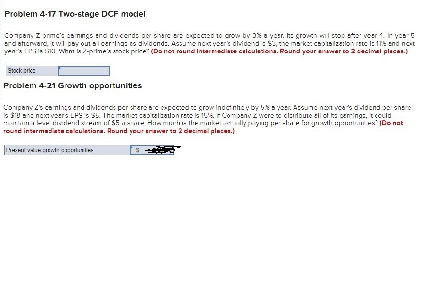 Solved Problem 4-17 Two-stage DCF model Company Z-prime's | Chegg.com