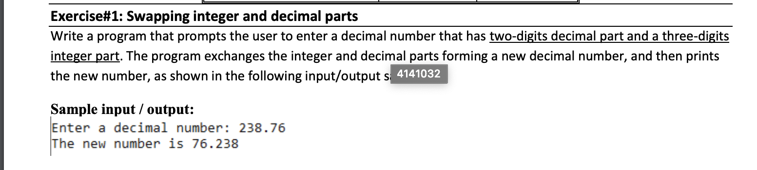 Solved Exercise#1: Swapping integer and decimal parts Write | Chegg.com