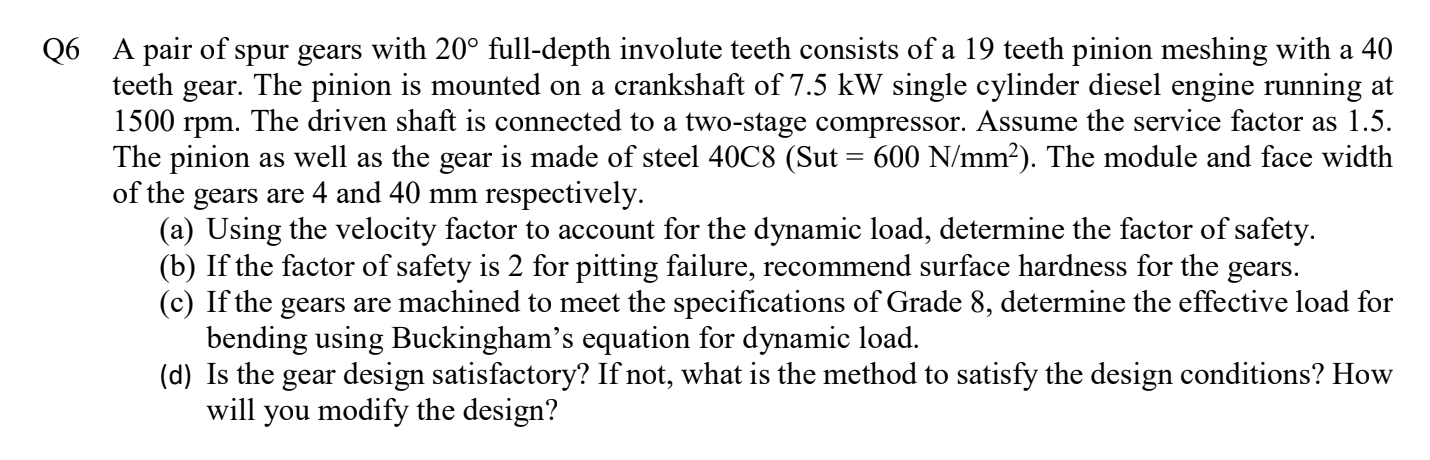 Solved Q6 A pair of spur gears with 20∘ full-depth involute | Chegg.com