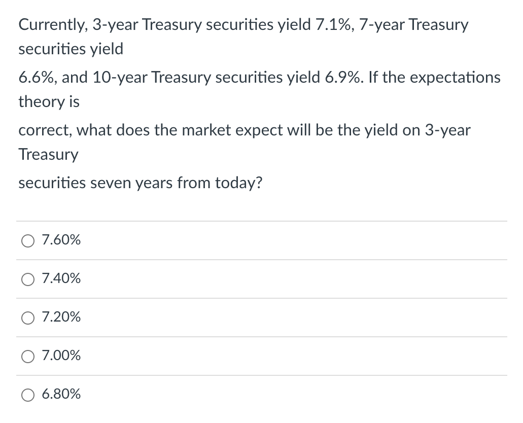 Solved Currently, 3-year Treasury securities yield 7.1\%, | Chegg.com