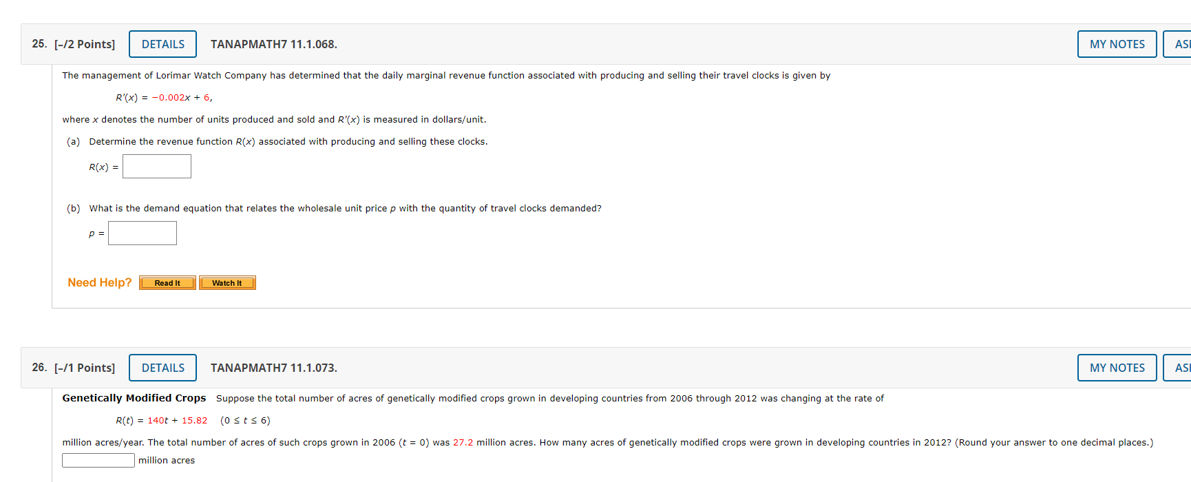 Solved 25. [-/2 Points] TANAPMATH7 11.1.068. | Chegg.com