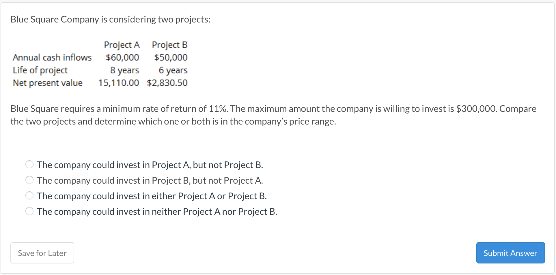 Solved Blue Square Company is considering two projects: | Chegg.com