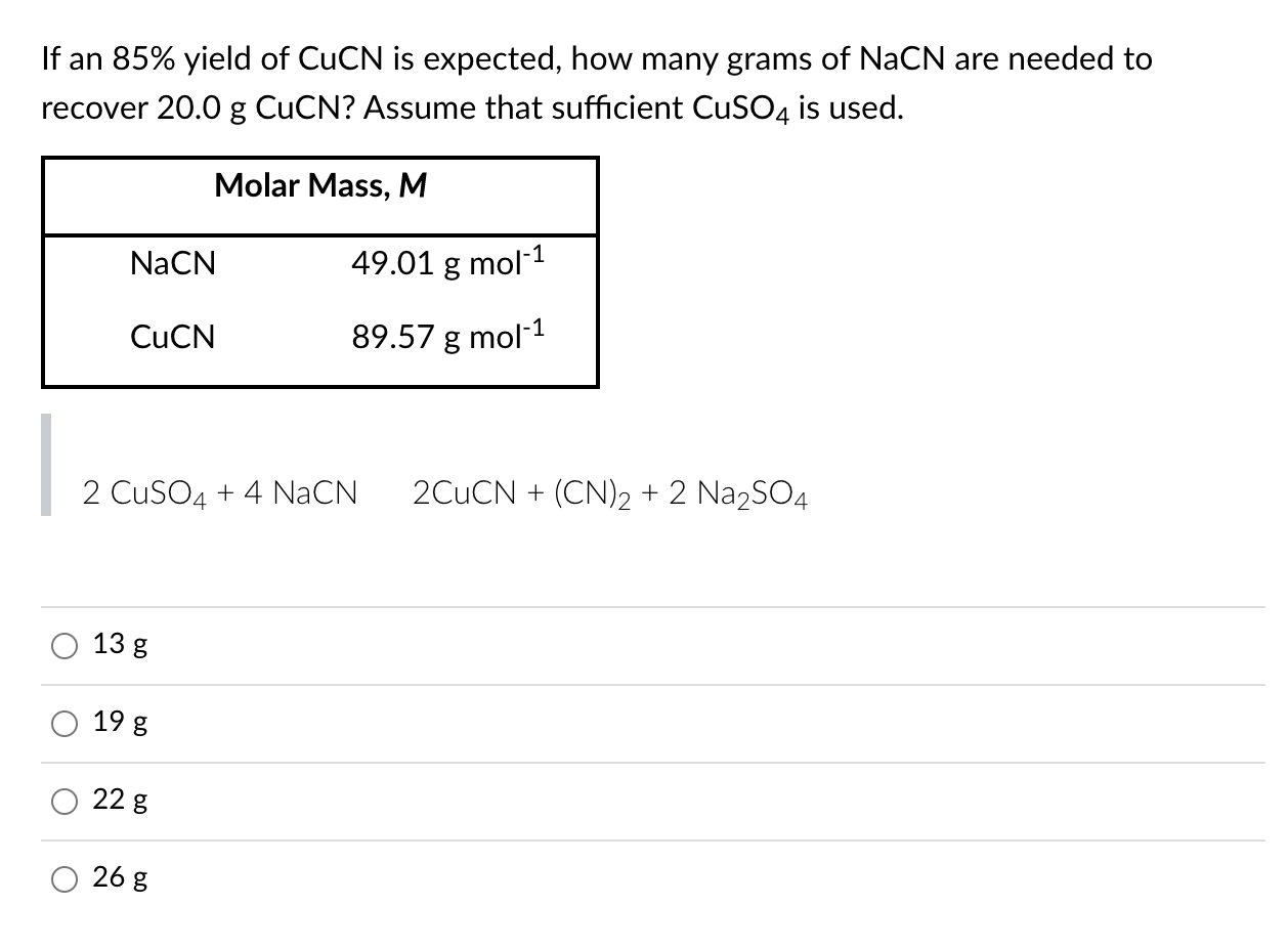 Solved If an 85% yield of CuCN is expected, how many grams | Chegg.com