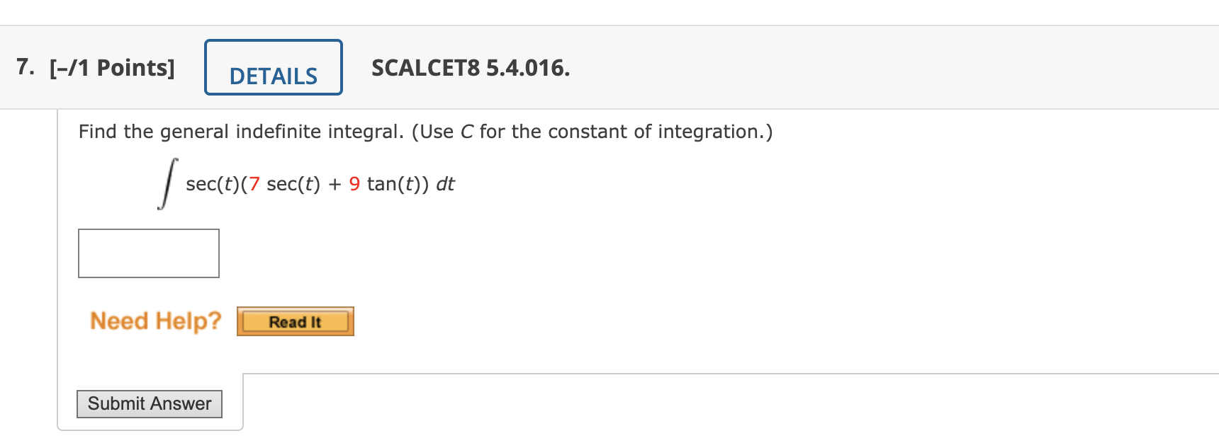 Solved 7. [-/1 Points] SCALCET8 5.4.016. DETAILS Find the | Chegg.com