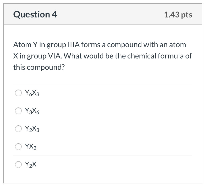 Solved Question 4 1.43 pts Atom Y in group IIIA forms a | Chegg.com