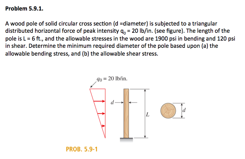 Solved Problem 5.9.1. A wood pole of solid circular cross | Chegg.com