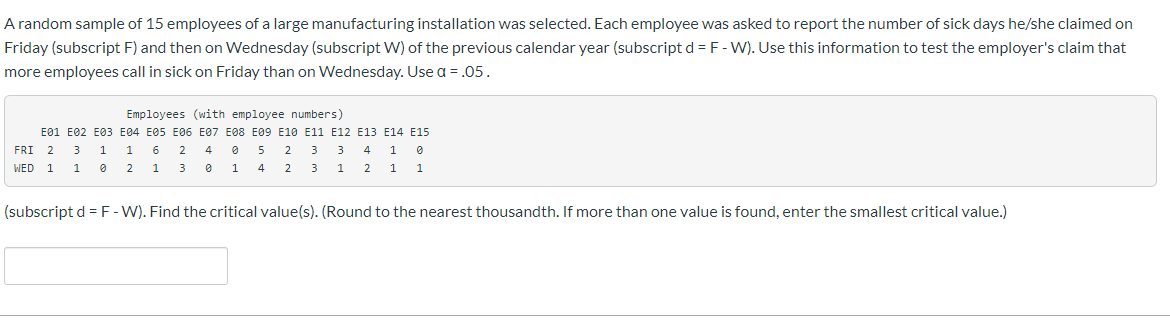 Solved A random sample of 15 employees of a large | Chegg.com