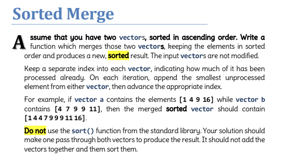 Solved A ssume that you have two vectors, sorted in | Chegg.com