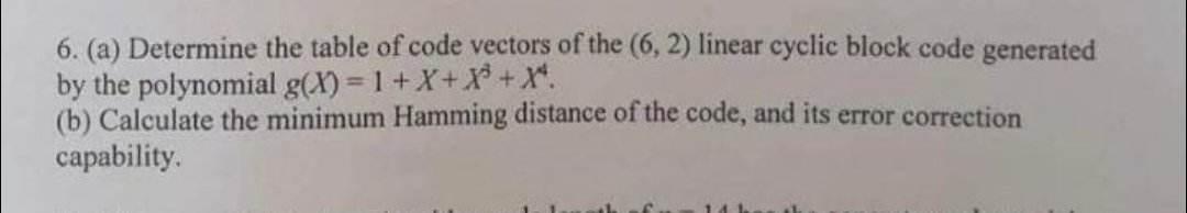 Solved 6. (a) Determine the table of code vectors of the | Chegg.com