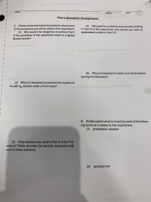 name secion date Pre-Laboratory Assignment 1. Briefly | Chegg.com