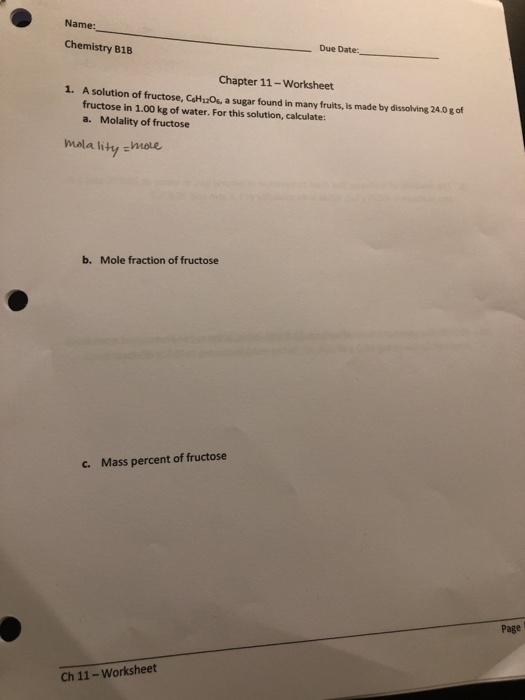 Solved Chapter 11-Worksheet 1. A solution of fructose, | Chegg.com