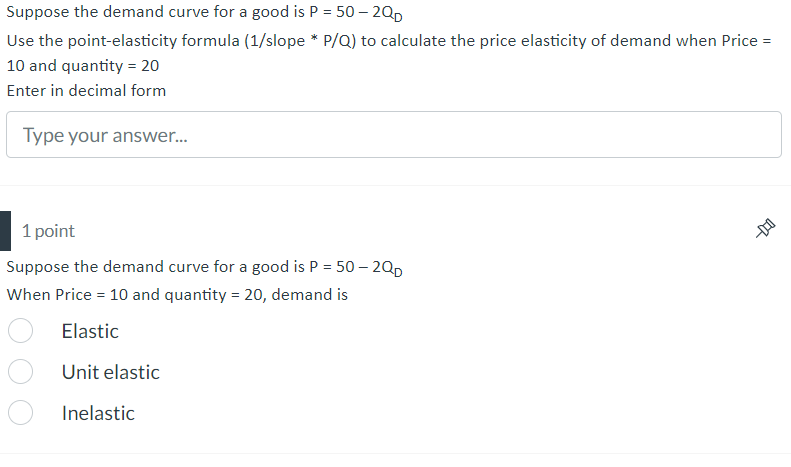 Solved Suppose the demand curve for a good is P=50−2QD Use | Chegg.com