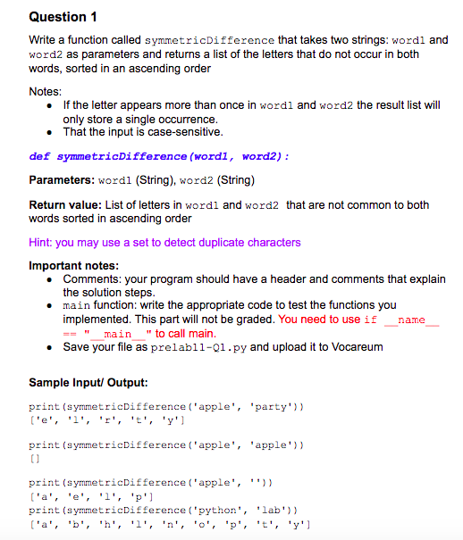 Solved Write a function called symmetricDifference that | Chegg.com