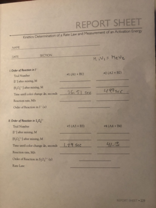 REPORT SHEET Kinetics Determination of a Rate Law and | Chegg.com