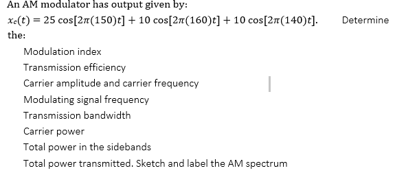 Solved An AM modulator has output given by: | Chegg.com