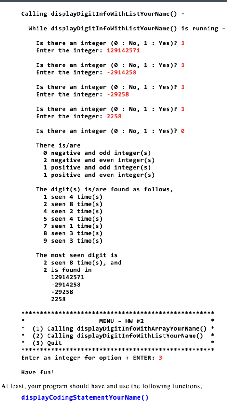 Solved alling displayDigitInfoWithListYourName() - While | Chegg.com