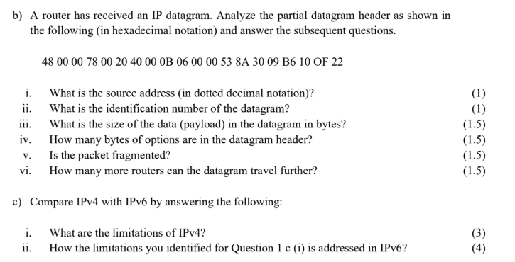 b) A router has received an IP datagram. Analyze the | Chegg.com