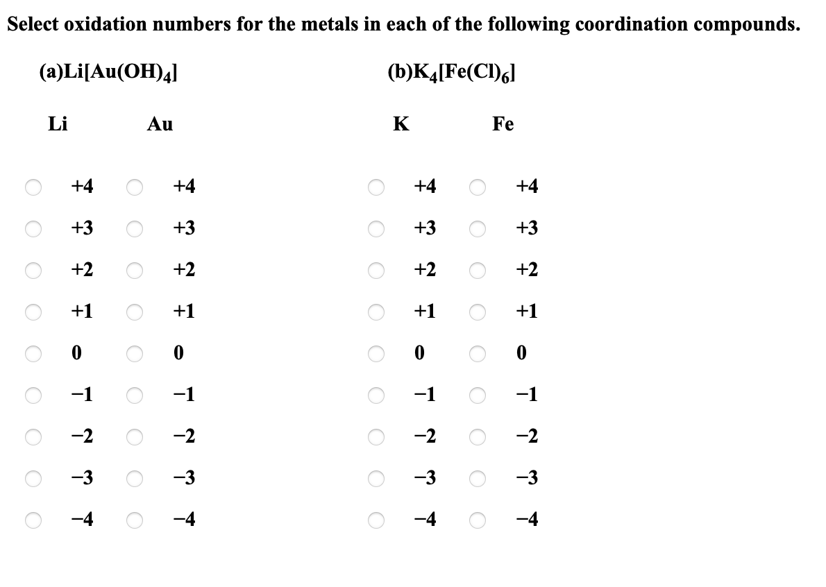 Solved Select oxidation numbers for the metals in each of | Chegg.com