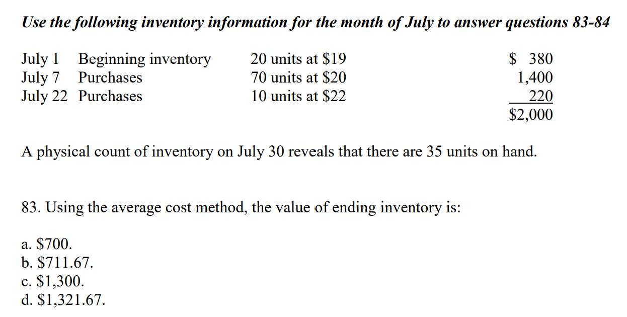 Solved Use the following inventory information for the month | Chegg.com