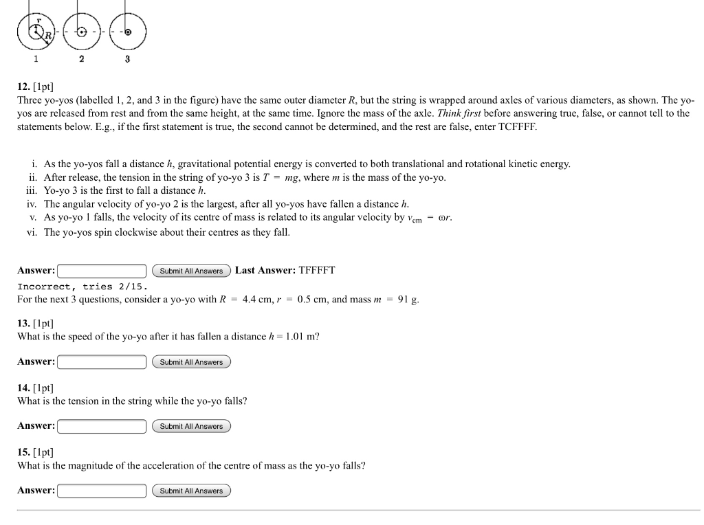 Solved @oo ---- 1 2 12. [1pt] Three yo-yos (labelled 1, 2, | Chegg.com