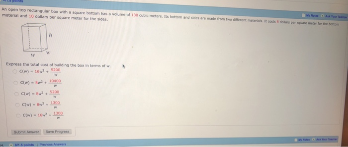 Solved An open top rectangular box with a square bottom has | Chegg.com