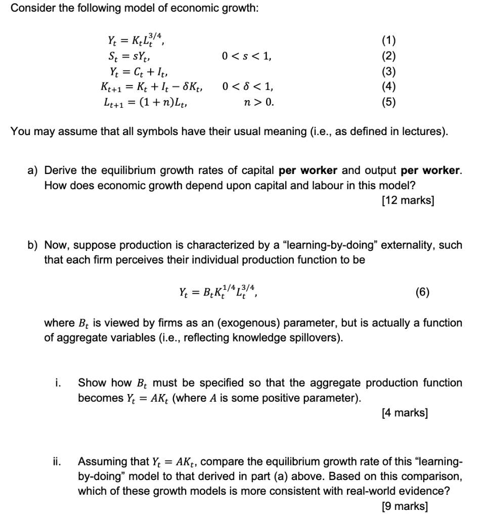 Consider the following model of economic growth: | Chegg.com
