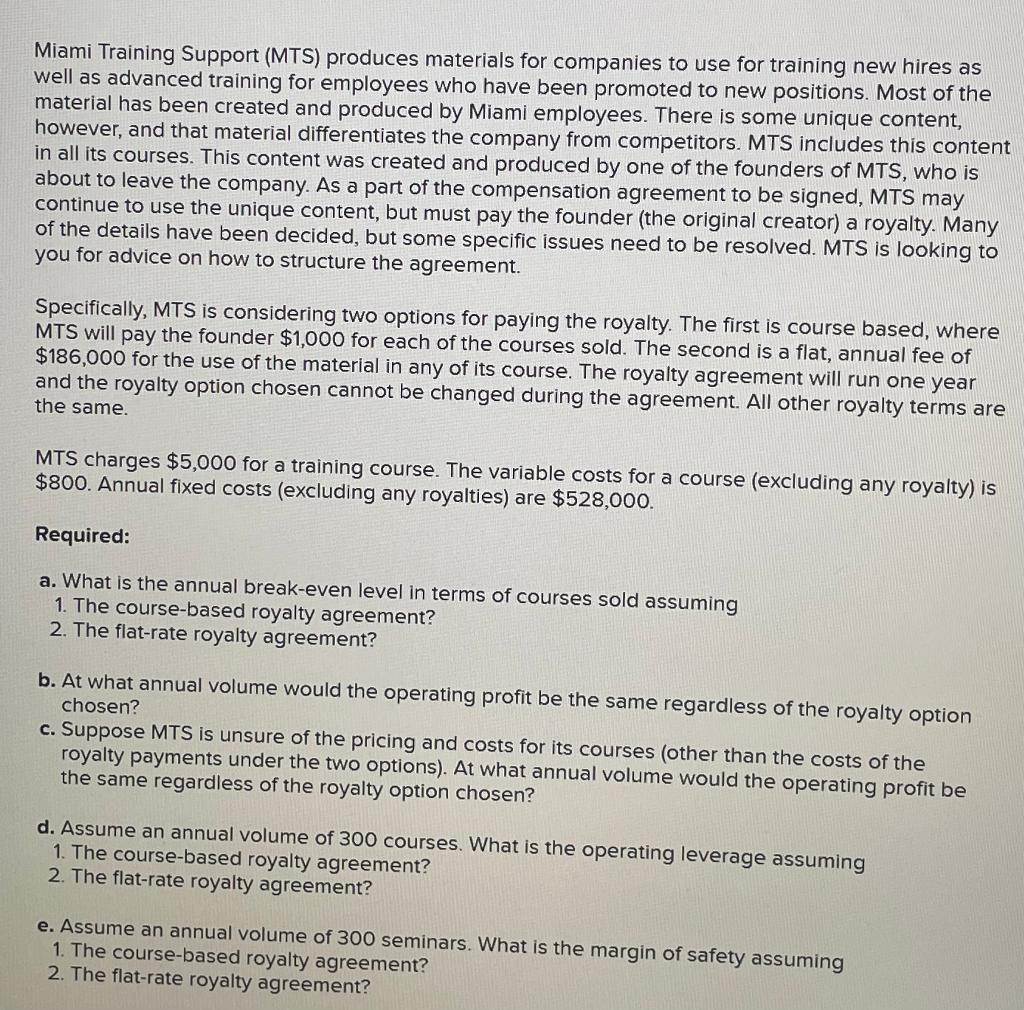 [Solved]: Miami Training Support (MTS) produces materials