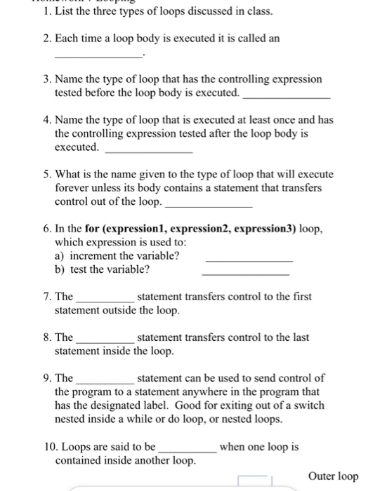 Solved 1. List the three types of loops discussed in class. | Chegg.com