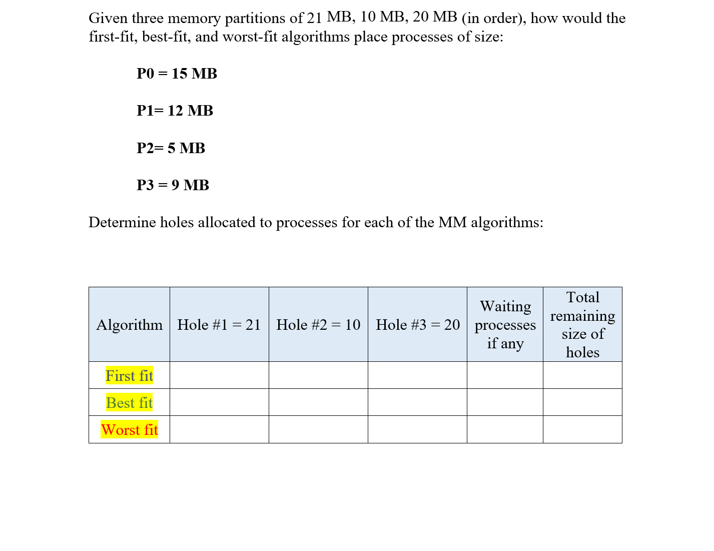 Solved Given three memory partitions of 21 MB, 10 MB, 20 MB | Chegg.com